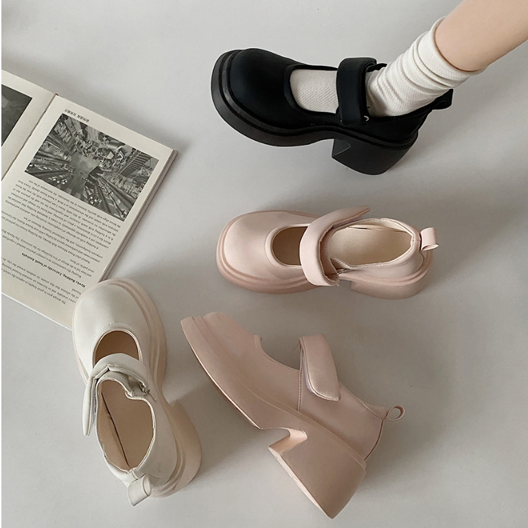 Giày cao gót mary jane giày búp bê màu trơn đế dày miệng nông khóa dán thoáng khi thời trang ...