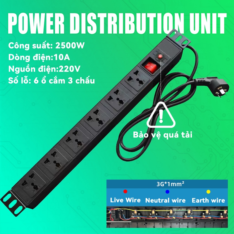 Thanh Nguồn PDU, Ổ Cắm Điện 6Chấu 10A 2500W 250V, Đa Năng Lắp Tủ Rack 19 inch Nguồn Điện ...