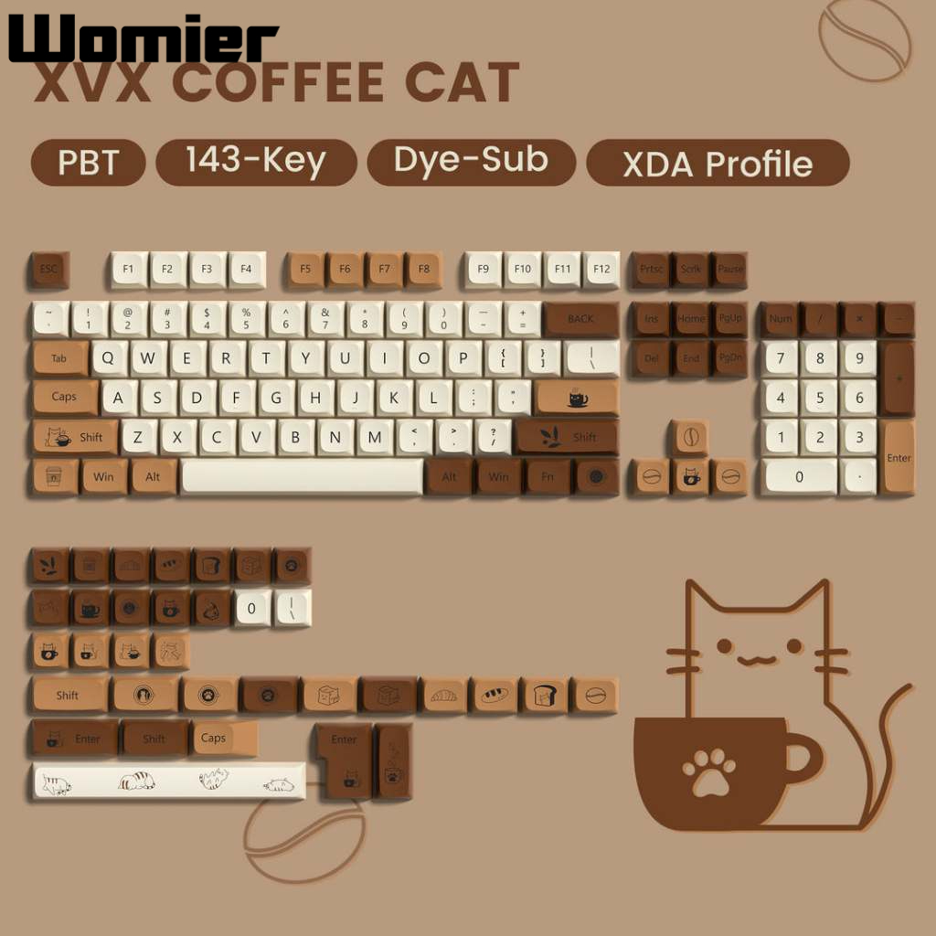 Womier 143 Phím PBT Keycaps Cà Phê Mèo Chủ Đề 5 Mặt DYE-SUB XDA Profile ...