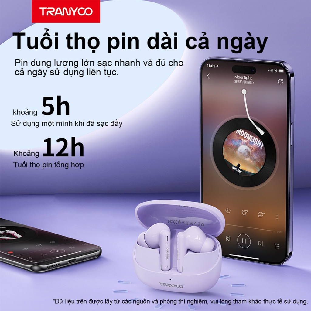 Tai nghe Bluetooth 5.3 TRANYOO T-M26 Khử tiếng ồn thông minh chức năng nghe gọi chơi game thời ...