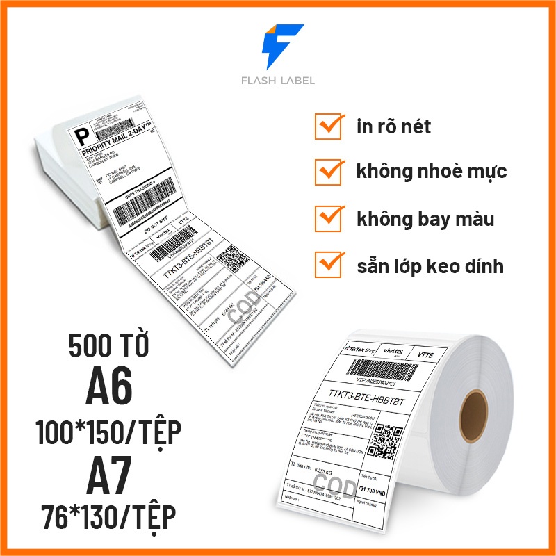 Giấy in nhiệt A6 FlashLabel 500 tờ/ tệp, kích thước 10*15cm 3 lớp tự dán chống nước, sử dụng cho ...