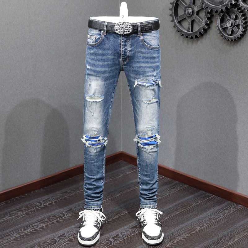Amiri High Street Fashion Men Jeans Vintage Blue Slim Fit Blue Leather