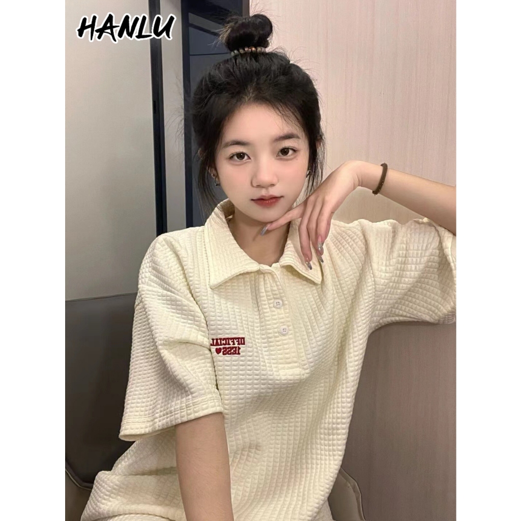 HANLU Áo Thun Nữ Ngắn Tay Cổ Bẻ Form Rộng Thiết Kế Mới | Shopee Việt Nam