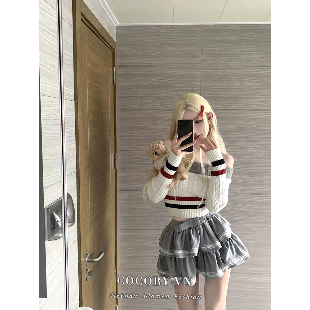 Cocorygirl Áo croptop Dệt Kim Tay Dài Trễ Vai Dáng Ôm y2k Kiểu Hàn Quốc ...