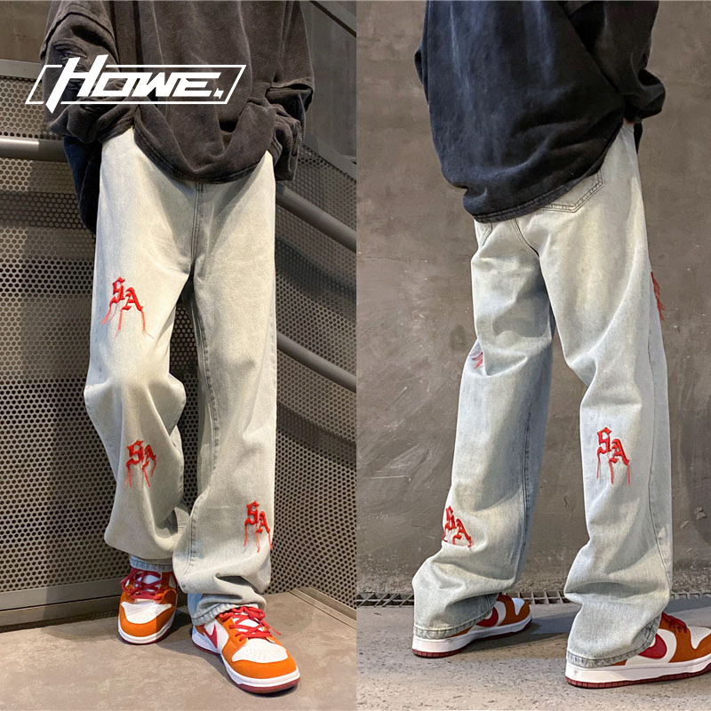 Howe. Quần jean nam quần jeans thêu chữ rộng rãi quần ống rộng cổ điển ...
