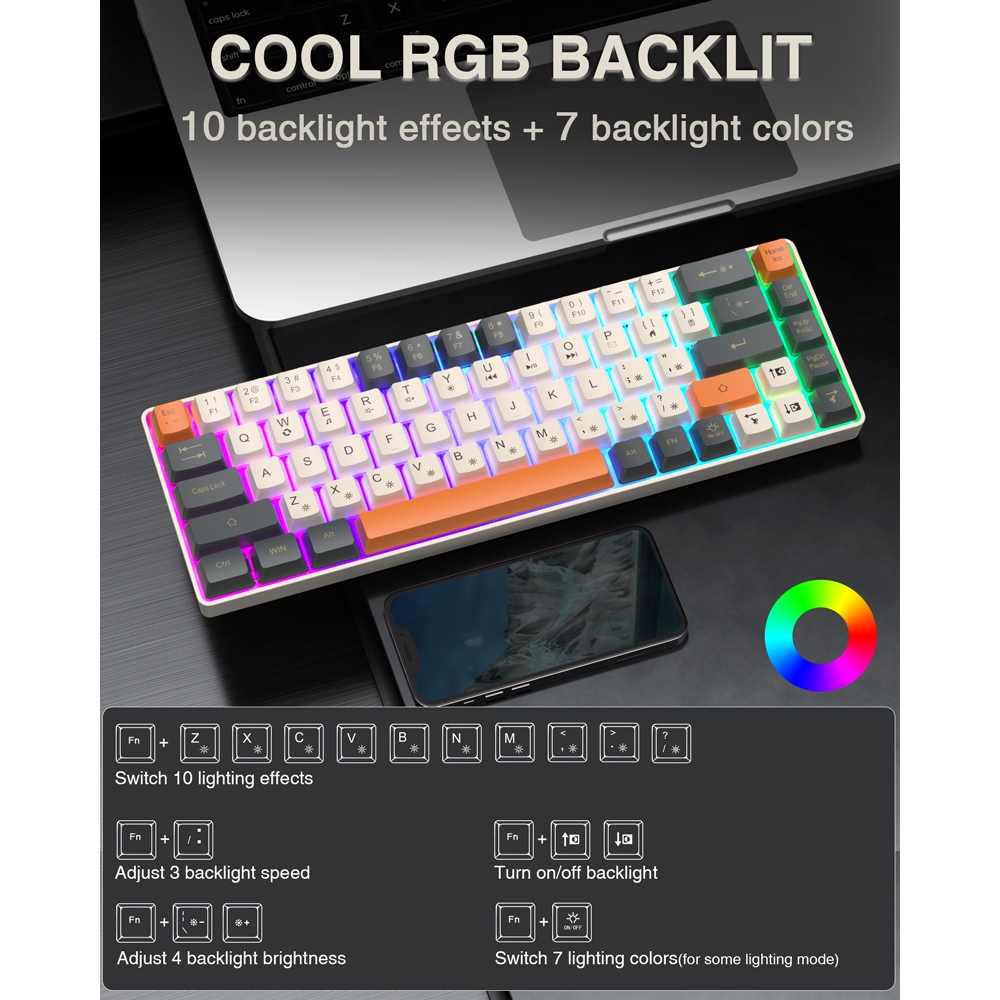 Aula SOLAKAKA SK968 68 Phím RGB Màng Bàn Phím Cầu Vồng Ánh Sáng Type-C ...