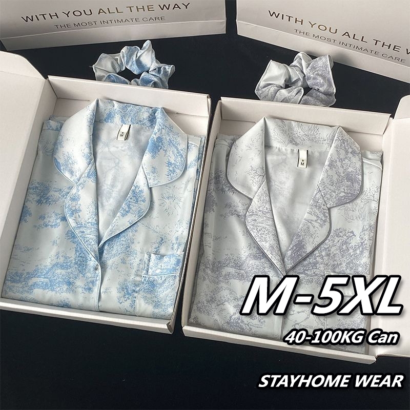 M-5xl Plus Size Pyjama Nữ Bộ mực và giặt 100kg Có thể mặc Đồ ngủ có ve áo dài tay cho phụ nữ ...