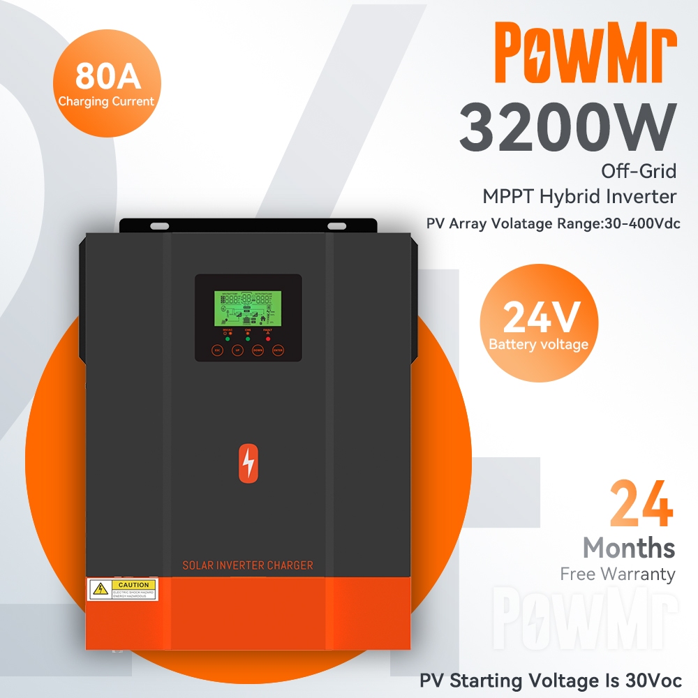 PowMr Bộ đổi điện đa dụng 3200W Hybrid Inverter 24V điện áp PV 30V - 400V sạc MPPT 80A 50/60Hz ...