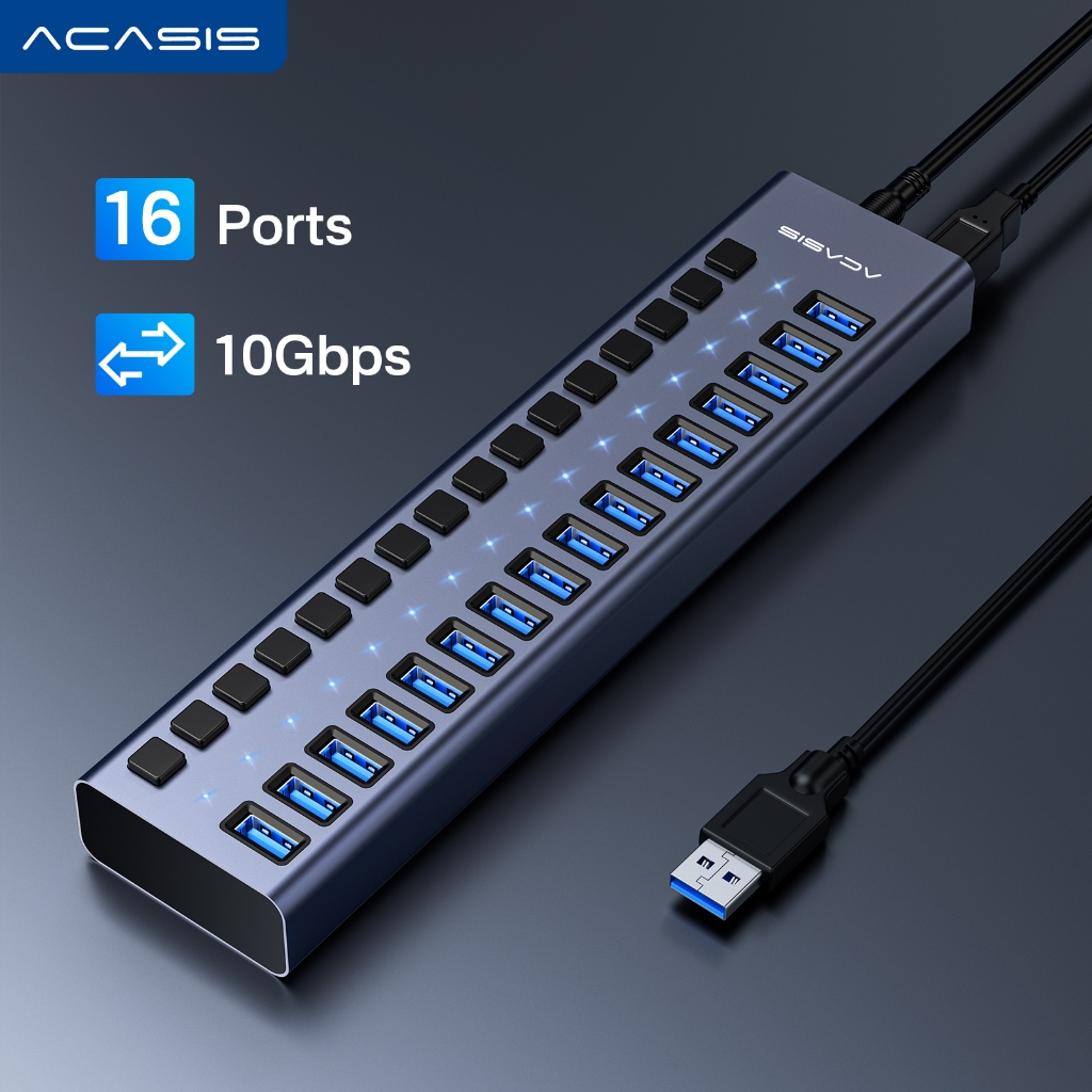 Acasis 16 Cổng 10Gps USB 3.1 HUB Hỗ trợ sạc BC1.2 với bộ chuyển đổi nguồn 12V Bộ chia USB nhôm ...