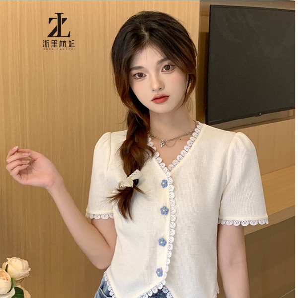 Áo len dệt kim ren dành cho nữ Áo khoác ngắn tay phồng tay áo | Shopee ...
