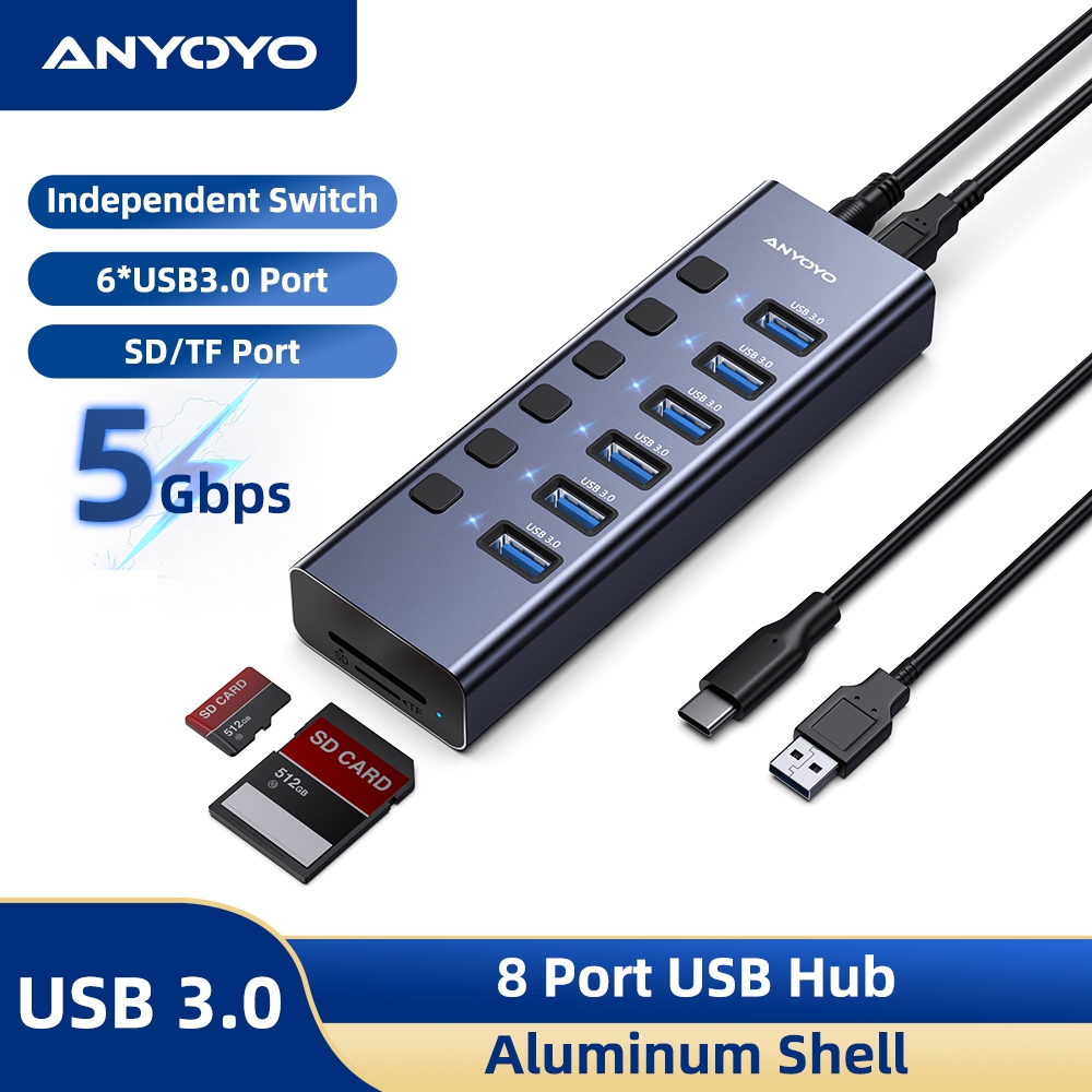 Anyoyo 8 cổng chạy bằng USB Hub SD / TF Đầu đọc thẻ kép USB 3.0 Hub dữ ...
