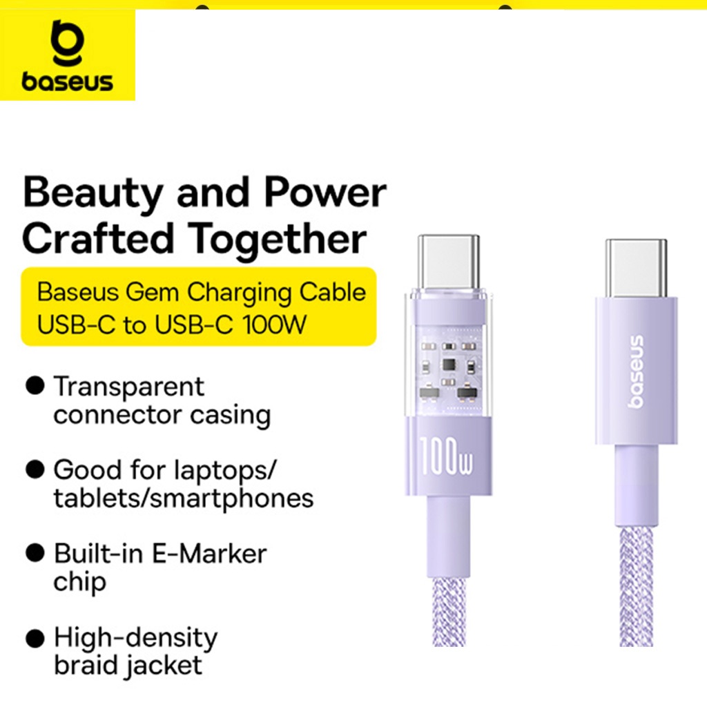 Baseus Gem Đầu nối trong suốt 100W Type-C sang Type-C Cáp sạc nhanh Laptop dòng ip15 tương thích ...