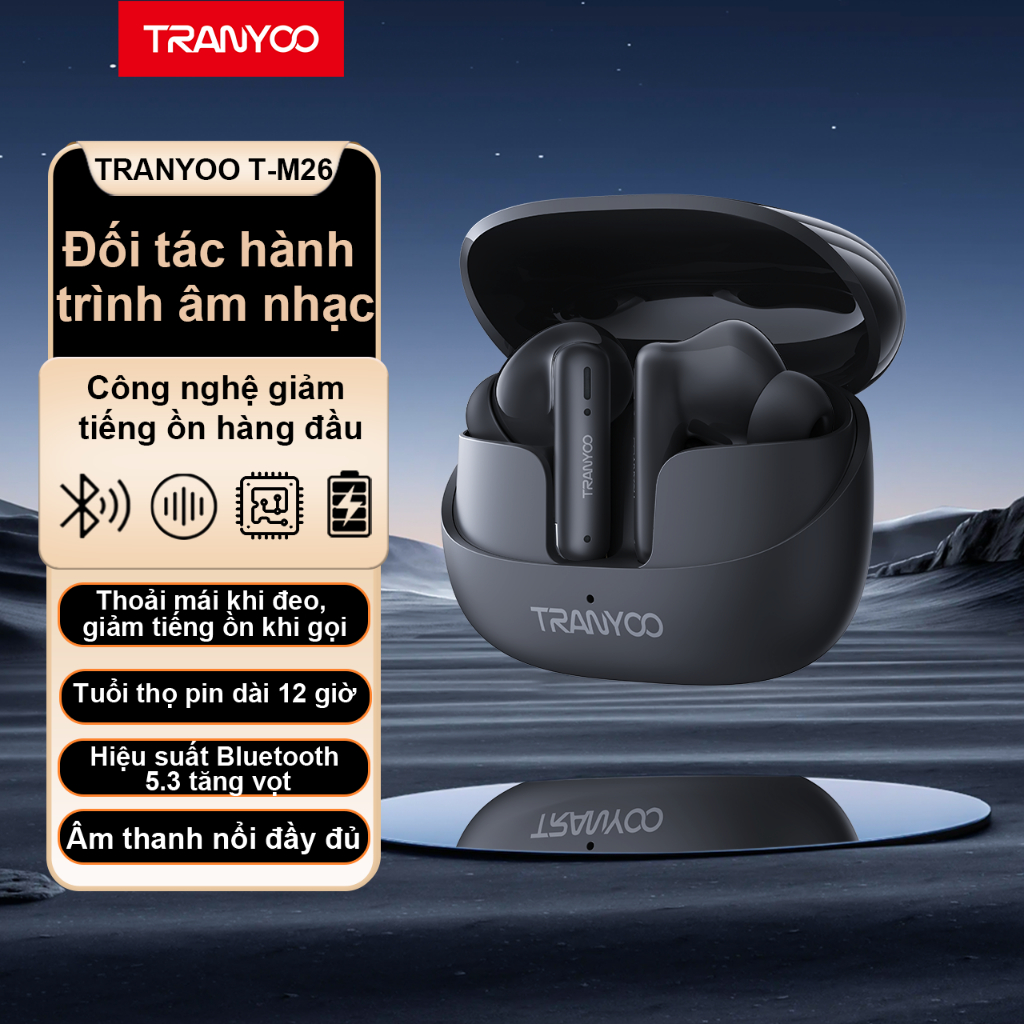 Tai nghe Bluetooth 5.3 TRANYOO T-M26 Khử tiếng ồn thông minh chức năng nghe gọi chơi game thời ...