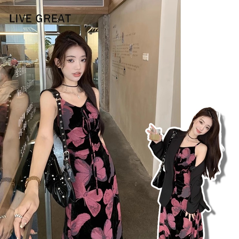 LIVE GREAT Váy nữ, váy treo in hình bướm cổ điển hot girl, mùa hè mới ...