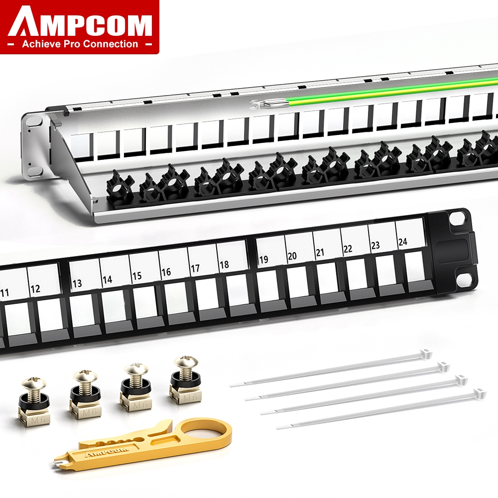 AMPCOM Bảng điều khiển Keystone trống 24 cổng, 1U STP/UTP, Gắn tường trên giá đỡ 19 inch với ...