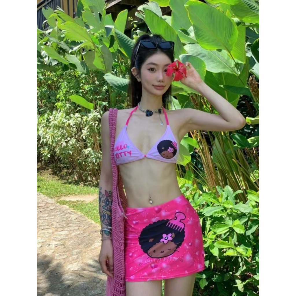 [Haroro] 3 áo tắm Hello Kitty da đen hottie bikini ngực nhỏ đẩy lên thiên niên kỷ hấp dẫn chia ...
