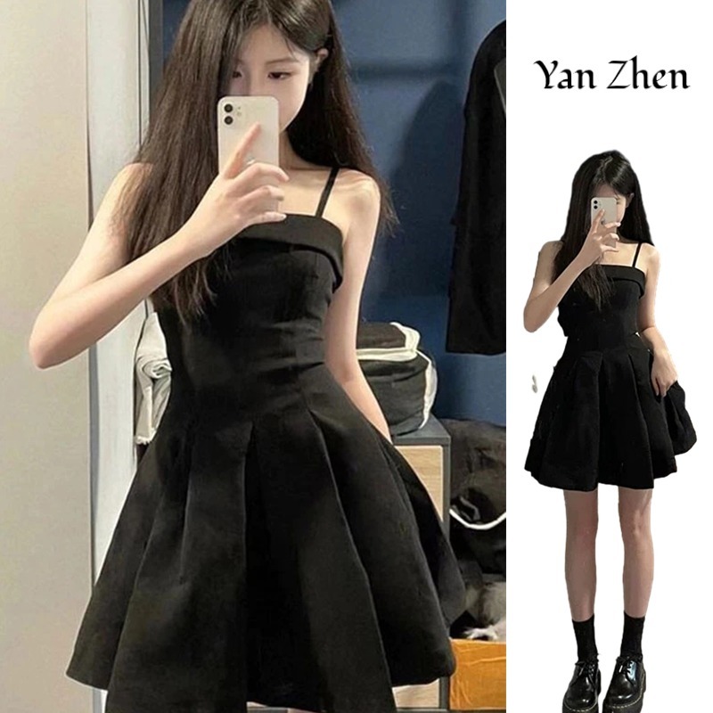 Yan Zhen Váy trơn màu đen phong cách nữ khí chất eo váy đen ngắn | Shopee Việt Nam