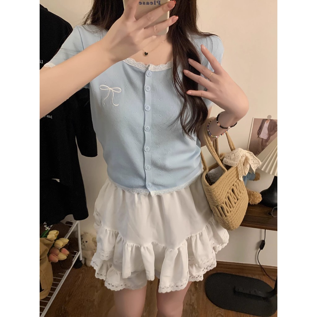 【BANKO】Áo thun dệt kim ngắn tay màu xanh lam dành cho nữ mùa hè ...