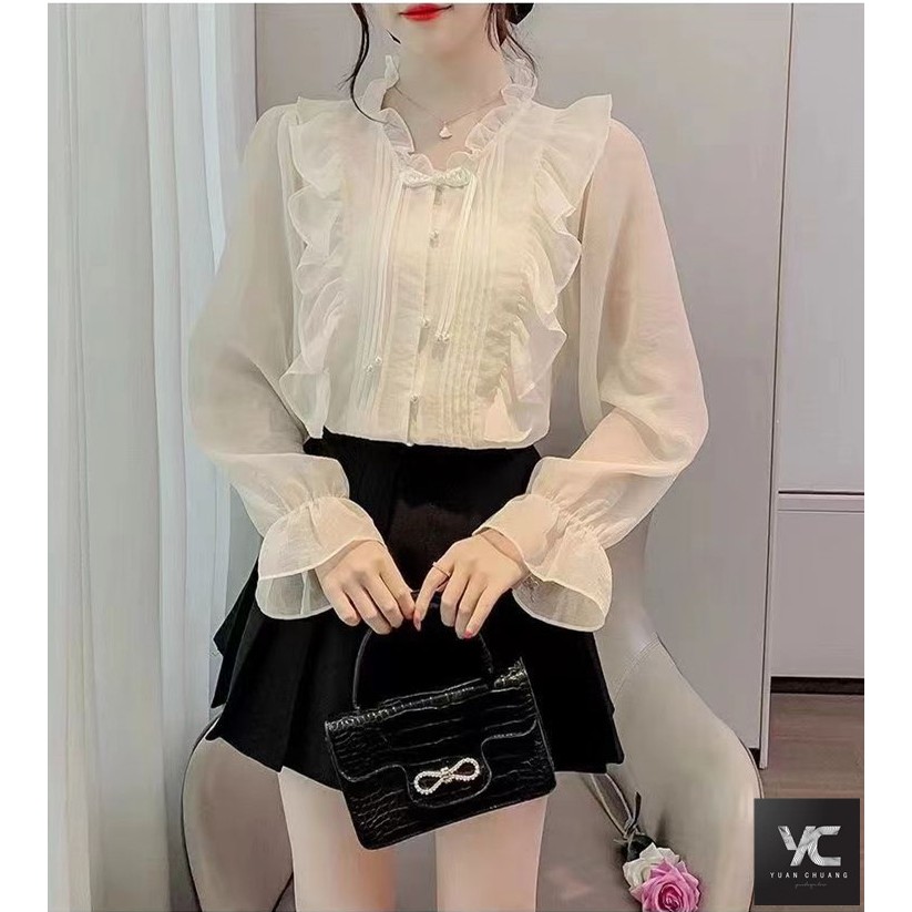 [Giảm Giá] Mới Phong Cách Trung Hoa Khóa Pháp Xù Ren Nhẹ Nhàng Áo Sơ Mi ...