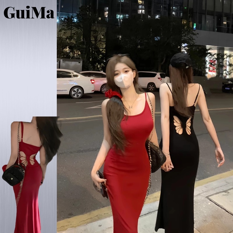 Guima Bướm rỗng không lưng treo váy nữ váy đuôi cá mỏng váy dài ôm eo ...