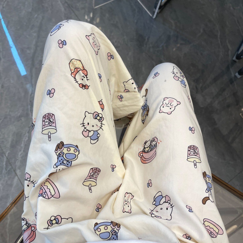 Quần Hello Kitty Hello Kitty Quần Hoạt Hình Pyjama Quần Dài Nhà Mỏng ống Thẳng Thông Thường Dành