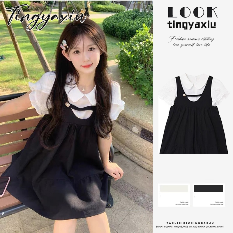 Set đồ nữ TING YA XIU gồm áo cổ búp bê và đầm yếm dáng lửng thời trang ...