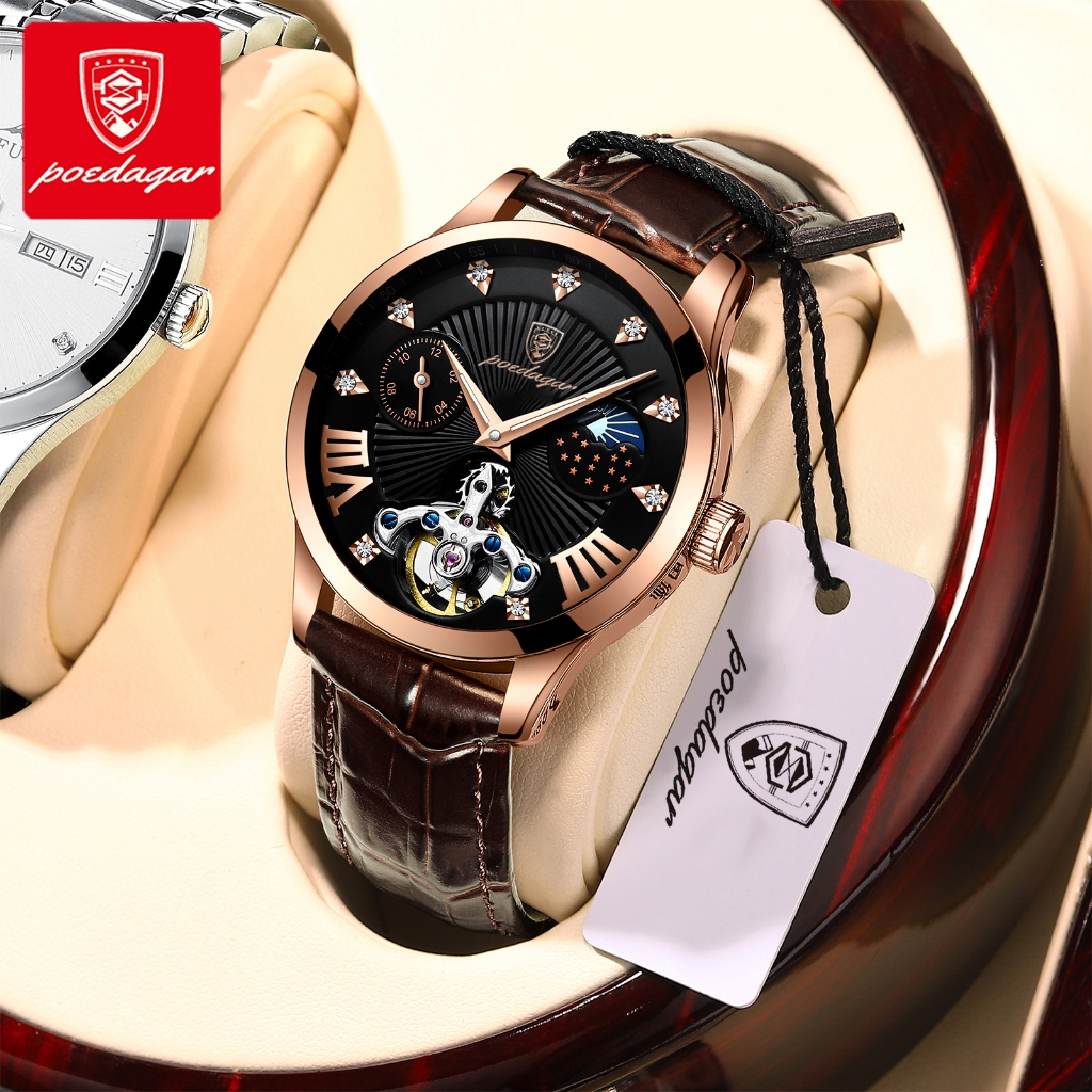 Đồng hồ nam chính hãng POEDAGAR Dây da Lịch dạ quang chống nước 906 ...