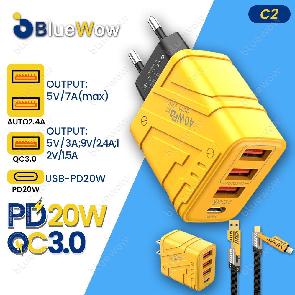 [Pd20w + QC3.0] Bộ chuyển đổi sạc BlueWow 40W, Khối sạc USB C, Bộ sạc tường USB C 4 cổng 40W Sạc ...