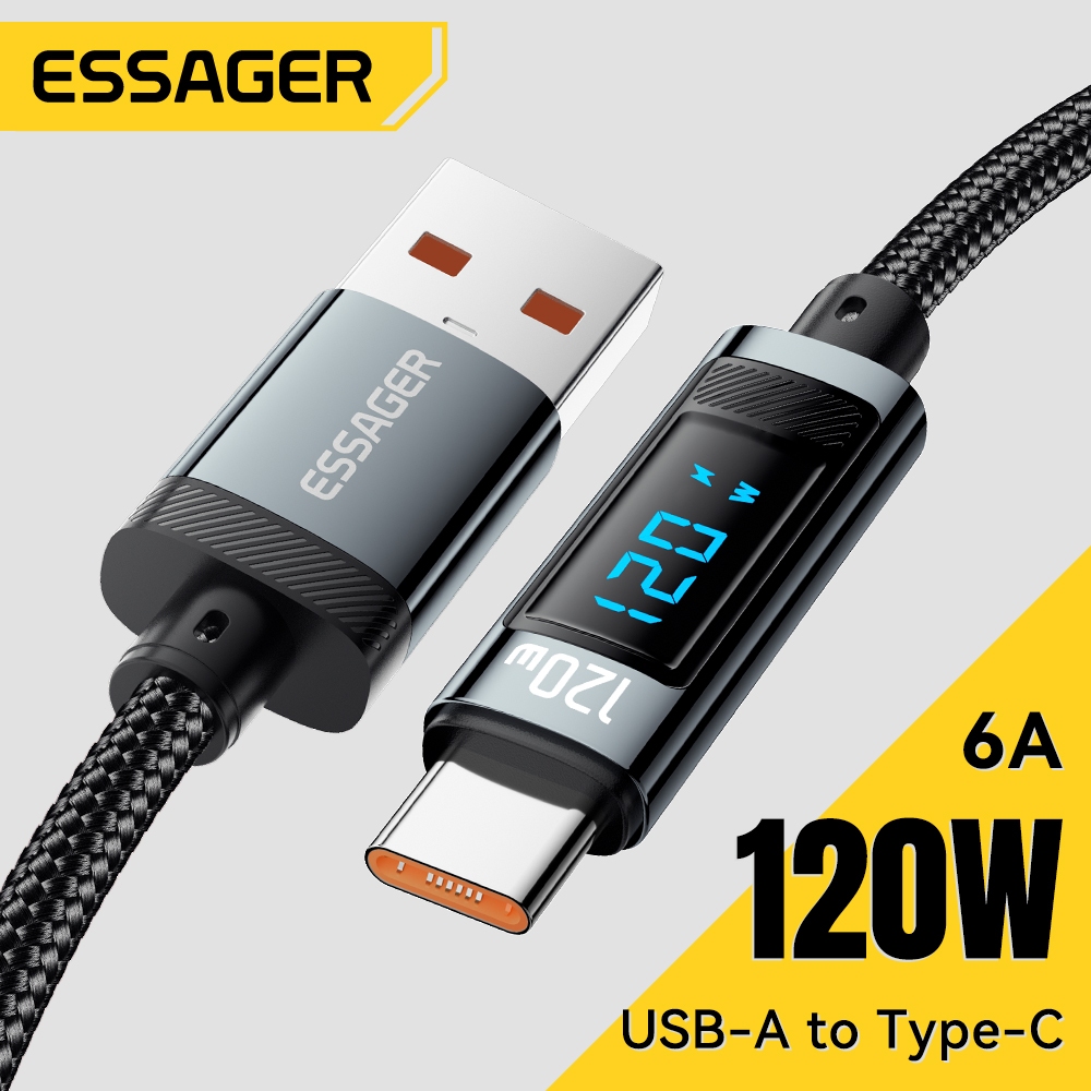 Cáp dữ liệu màn hình kỹ thuật số hợp kim nhôm ESSAGER 120W A-C 6A Cáp sạc nhanh USB2.0 480Mbps ...