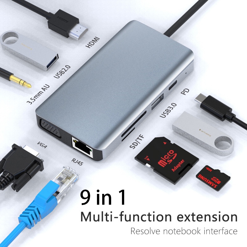 9in1 USB C Docking Station Type-C HUB USB3.0 HDMI 4K VGA Rj45 3.5MM SD TF Card Rader PD Sạc Loại ...
