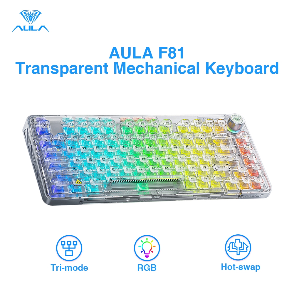Bàn phím cơ trong suốt AULA F81 Bàn phím cơ không dây xoay nóng 3 chế độ RGB được tùy chỉnh với ...
