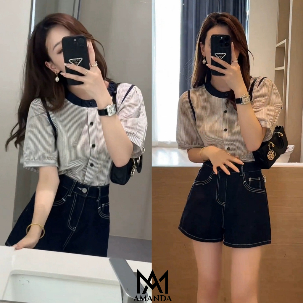 AMANDA Pháp sọc vòng cổ áo sơ mi áo sơ mi kẻ sọc áo sơ mi nữ tay ngắn ...