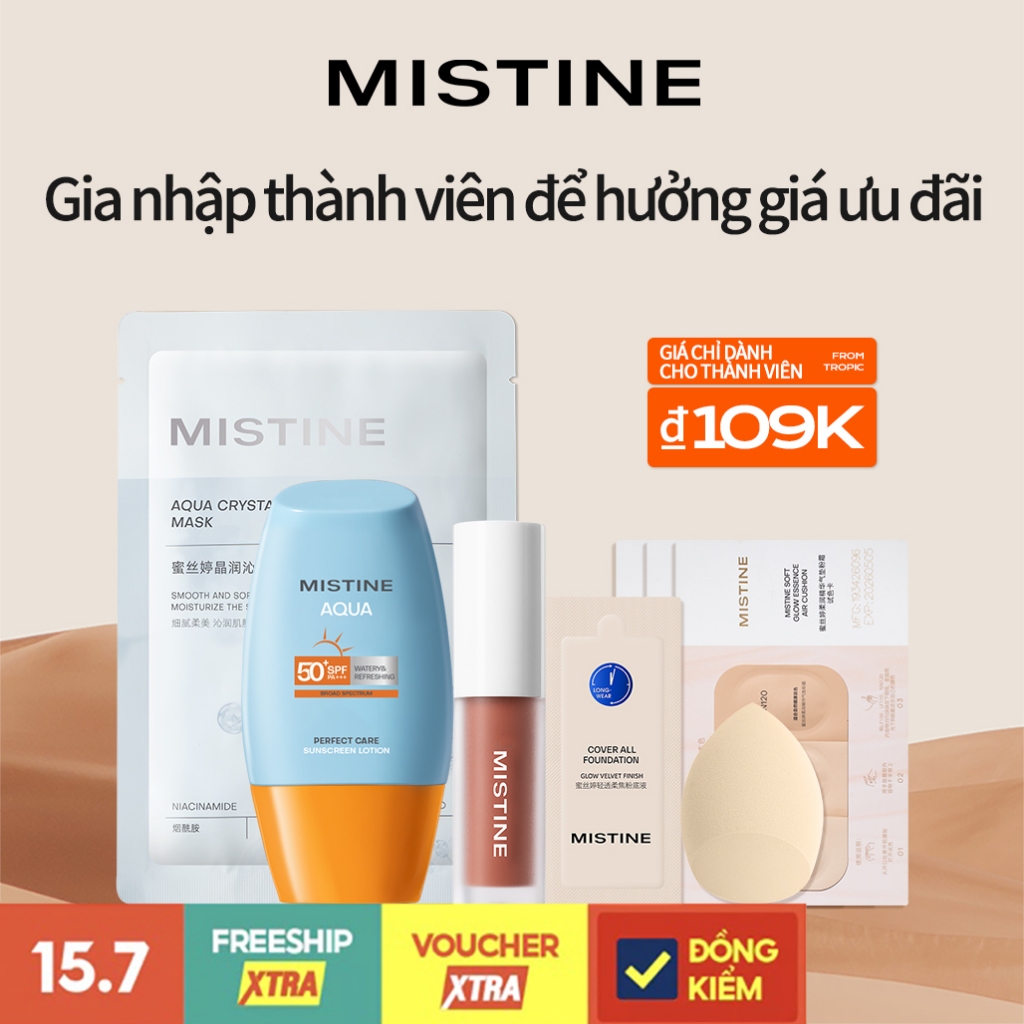 [Bộ COMBO HOT] Son bóng trung bình Mistine * 1 + Mặt nạ * 1 + Kem nền 1g * 1 + Biểu đồ dùng thử ...