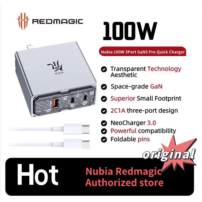Bộ sạc nhanh Nubia Red Magic GaN5 Pro 100W 2C 1A 3 cổng chính hãng với ...