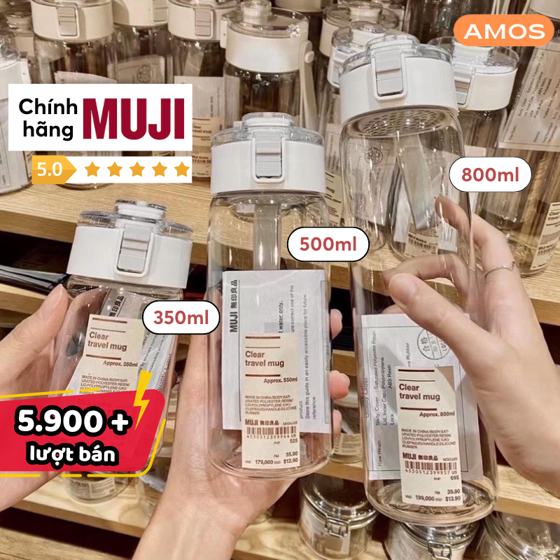 Bình nhựa đựng nước Muji trong suốt 350ml, 550ml, 800ml cao cấp có nắp chống tràn và quai đeo ...