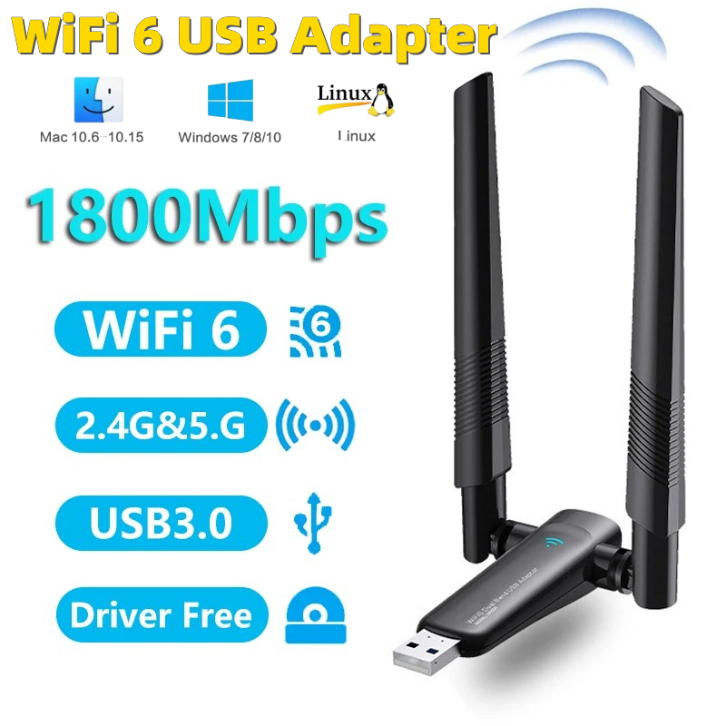 Bộ chuyển đổi USB WiFi 6 1800Mbps 5G / 2.4GHz USB3.0 Wi-fi Dongle Wireless 802.11ax Card mạng ...
