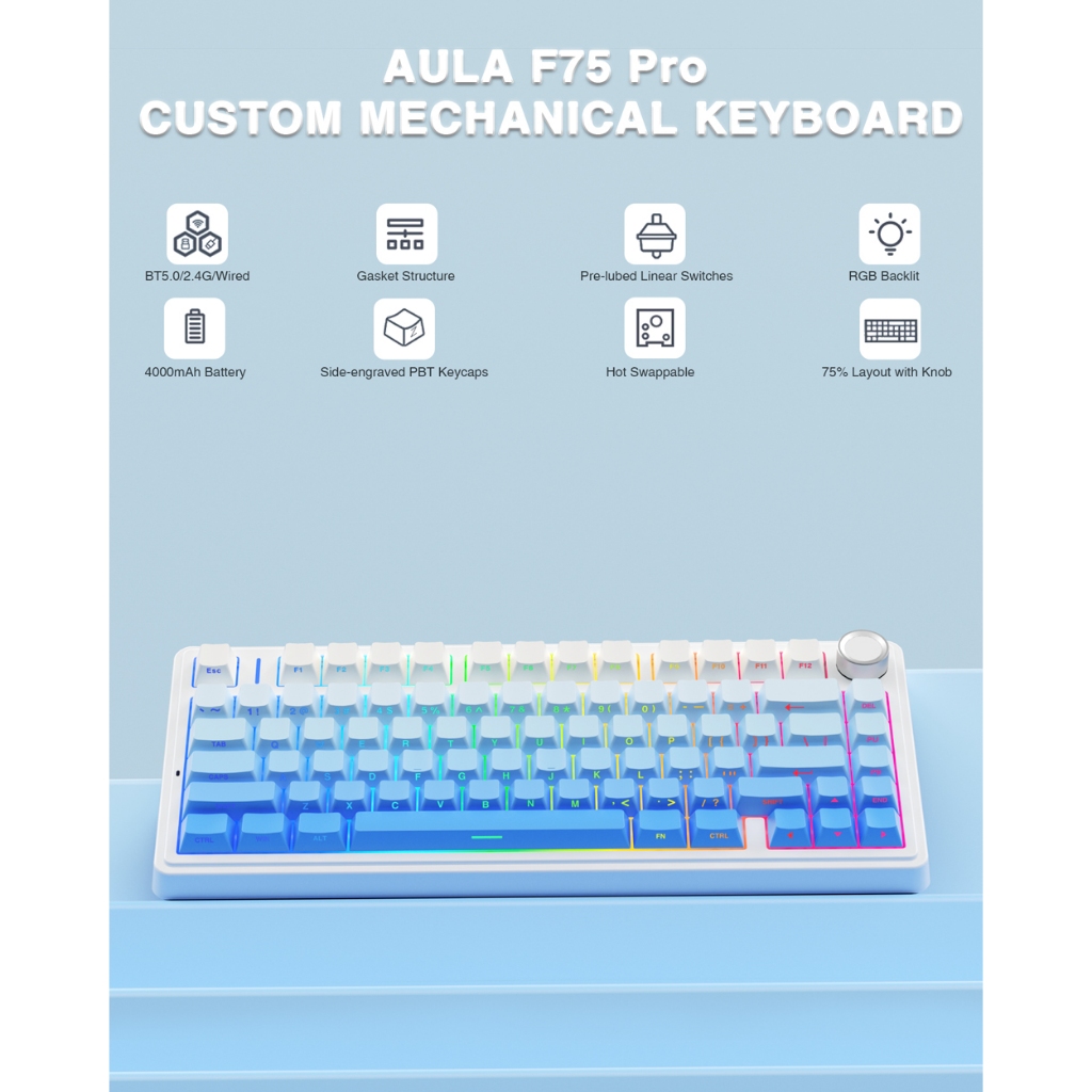 Aula F75 Bàn phím tùy chỉnh Tri-Mode RGB Hỗ trợ hoán đổi nóng Tùy chỉnh ...