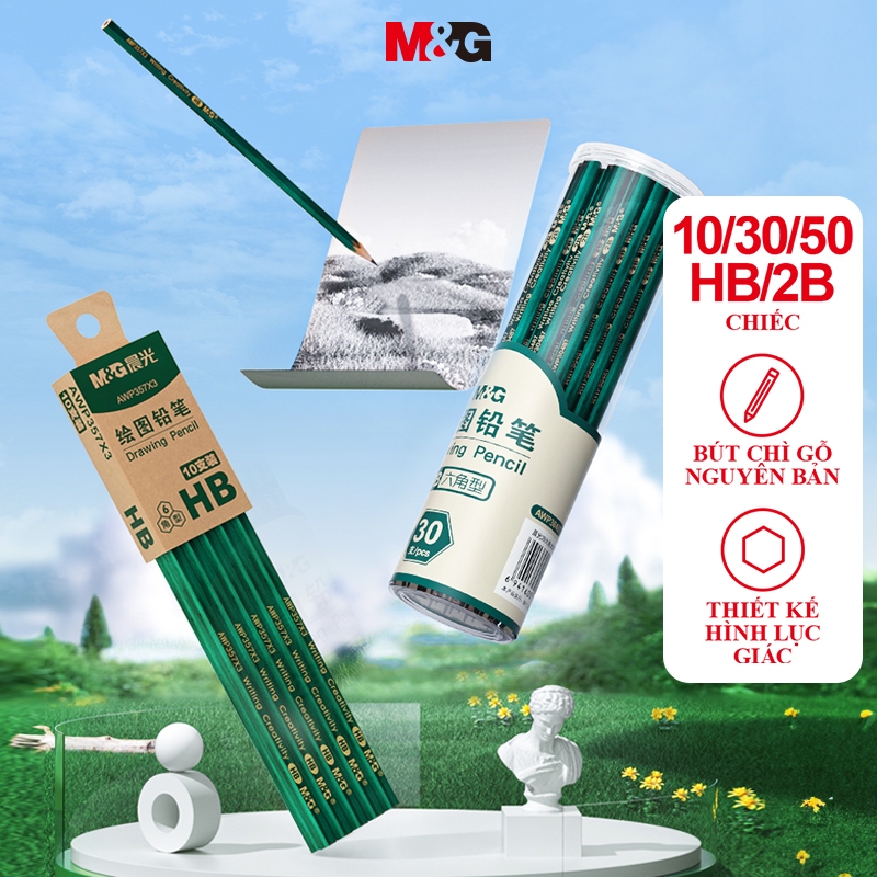 M&G Bút chì 2B / HB 10 / 30 / 50 miếng Bút chì gỗ lục giác màu xanh lá cây cổ điển Học sinh viết ...