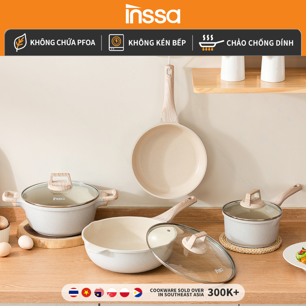 INSSA Set 4 bộ nồi chảo đá chống dính màu cream cao cấp chính hãng ...