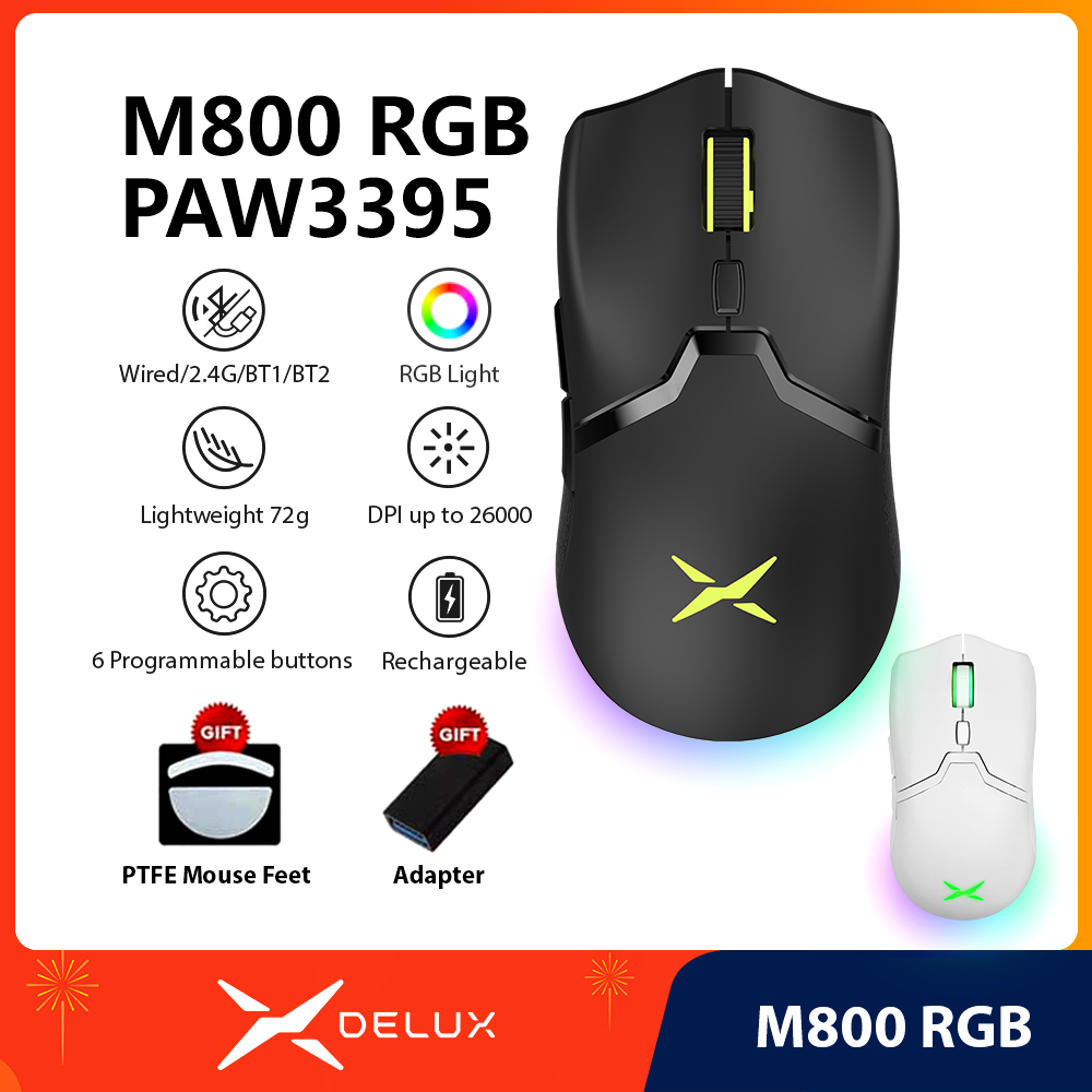 Chuột chơi game có dây không dây Delux M800 RGB PAW3395 26000DPI 50G ACC 72g Nhẹ có thể lập ...