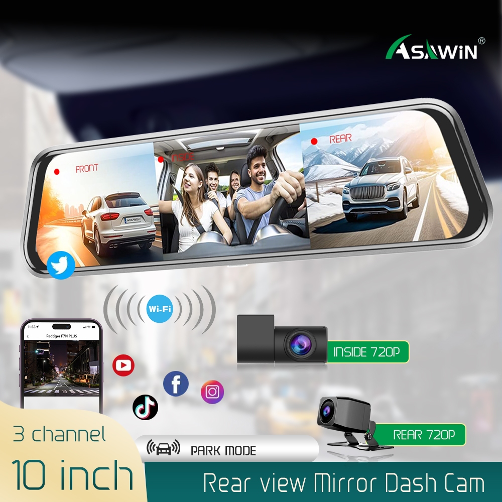 Asawin H5 Wifi 10 inch 3 Camera hành trình Gương chiếu hậu Dash Cam 3 Way Xe hơi Night Vision ...