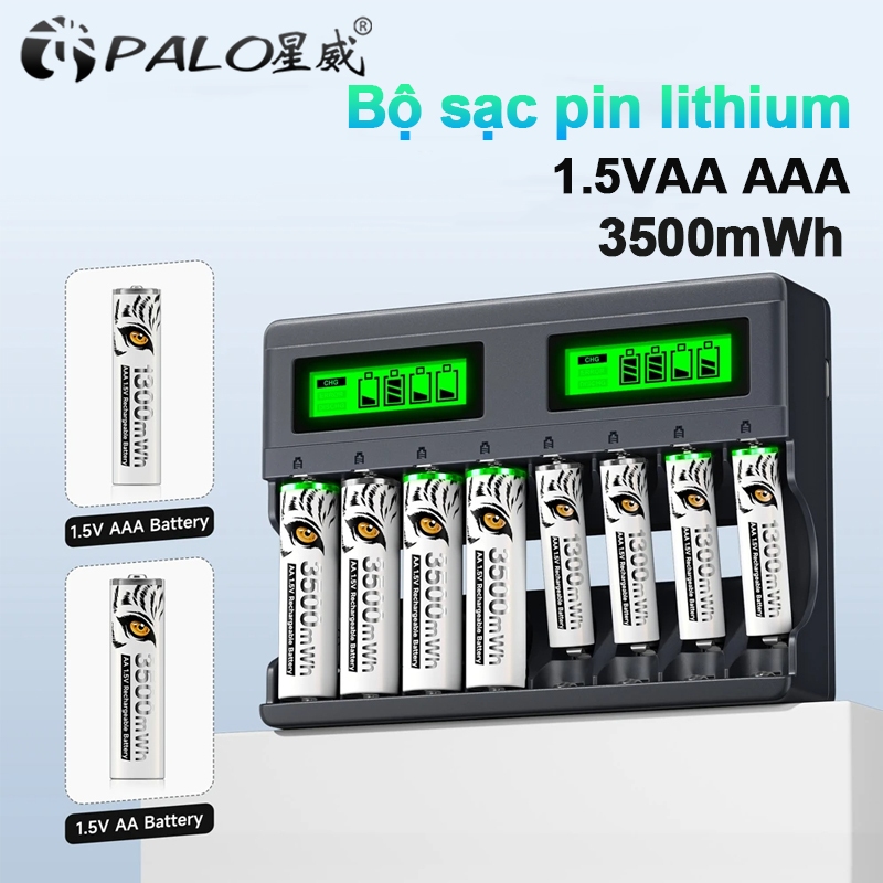 PALO Bộ sạc pin lithium AAA 8 khe 1.5VAA có thể sạc pin sạc lithium-ion ...