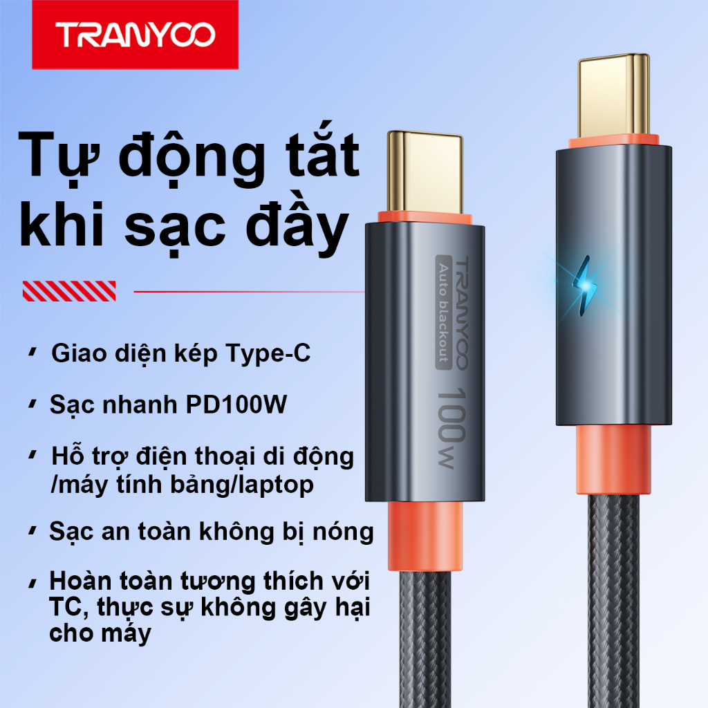 Cáp sạc nhanh TRANYOO CC-5 PD100W Type-c cho điện thoại và laptop tự động ngắt sạc khi đầy pin ...
