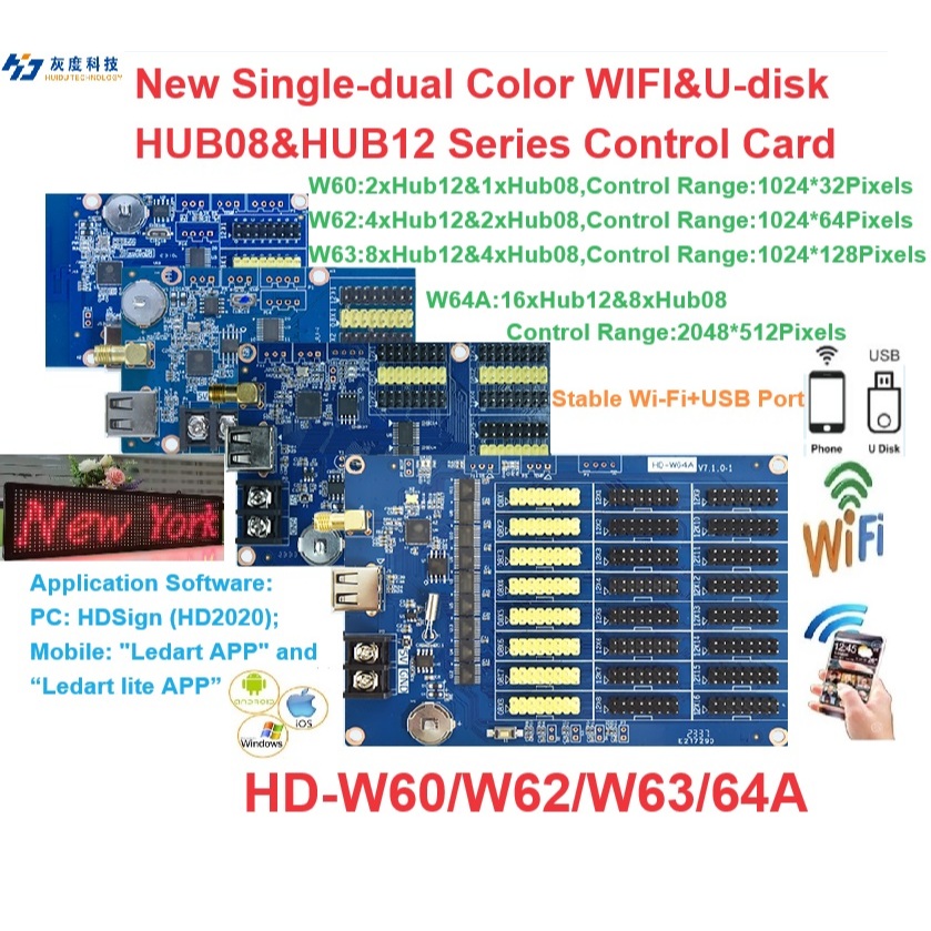 Huidu HD-W60 HD-W62 HD-W63 HD-W64A LED Thẻ điều khiển màn hình đơn màu mới WIFI Điều khiển điện ...