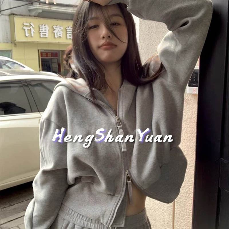 Heng Shan Yuan Áo khoác nữ cổ điển đôi dây kéo hoodie ngắn tay áo hoodie áo khoác eo xám blazer ...