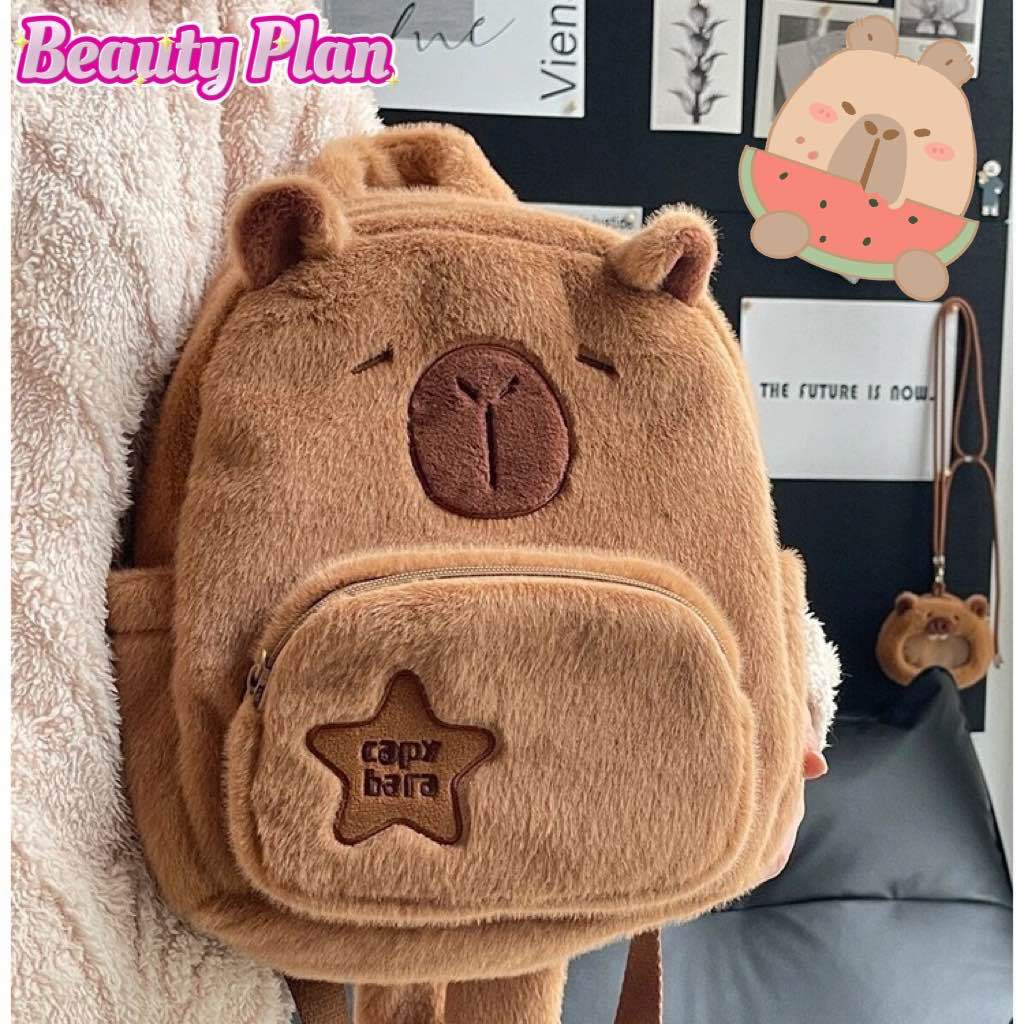 💗Balo hai dây capybara dễ thương, phong cách đa năng bằng nhung, dành cho nữ sinh, phù hợp để đi ...