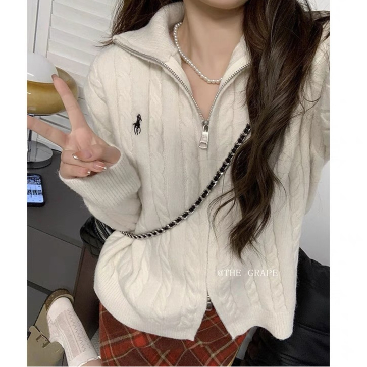 2024 RALPH MỚI NỮ ZIPPER WEAVE KNITTED SWEATER HALF MÀU CAO CARDIGAN ...