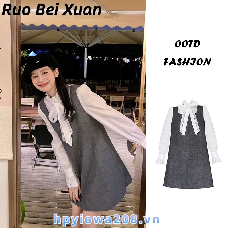 Váy nữ Ruo Bei Xuân với áo sơ mi buộc nơ phong cách Hàn Quốc và váy dây ...