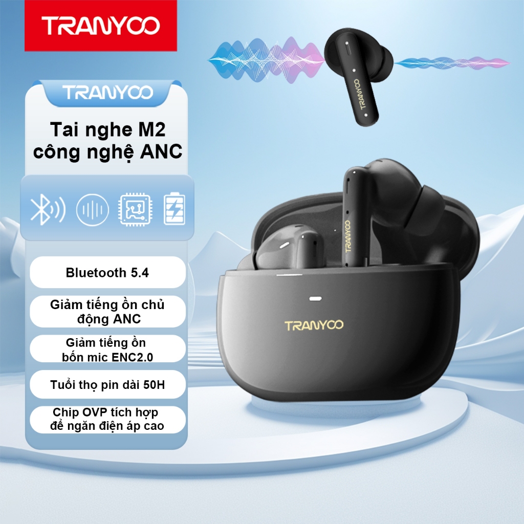 TRANYOO Tai Nghe Bluetooth T-M2 5.4 Công Nghệ ANC Và ENC Thế Hệ Mới Chống Ồn Kháng Nước IPX5 ...