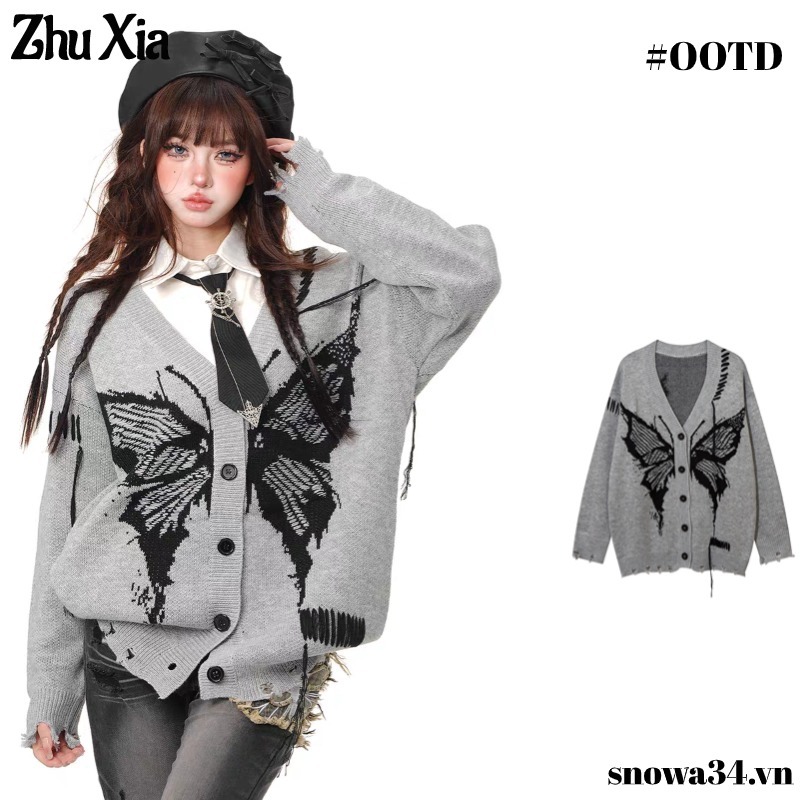Zhu Xia Áo len nữ cardigan American retro thêu bướm dáng rộng cặp đôi ...